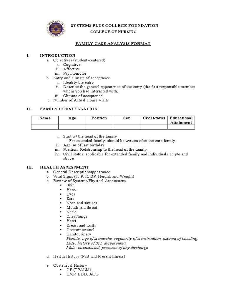 Family Case Analysis Format I.: College of Nursing | PDF | Sanitation ...