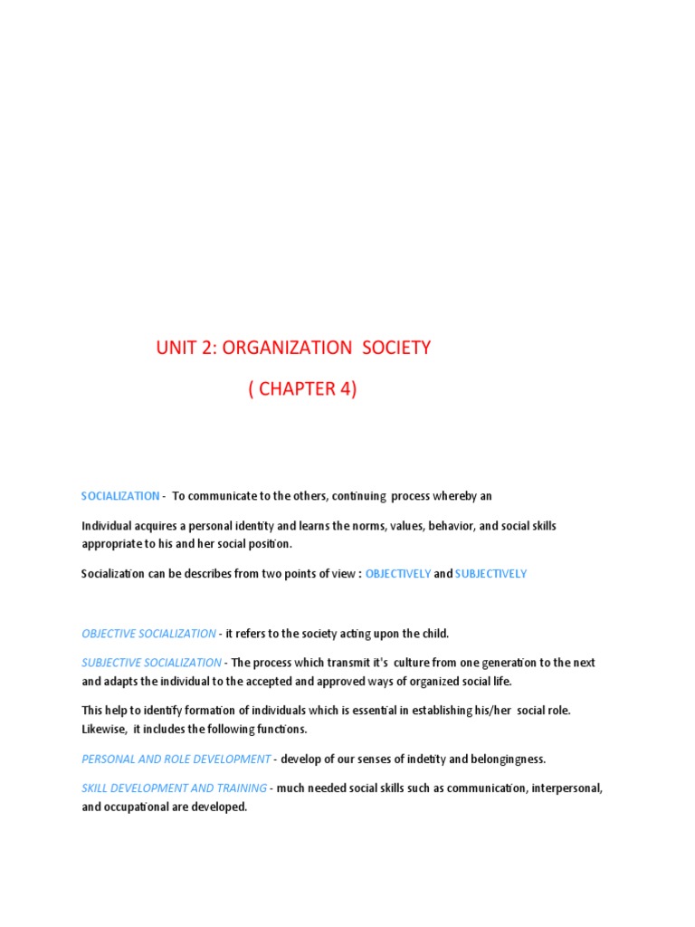 Unit 2: Organization Society (Chapter 4) : Socialization | PDF ...