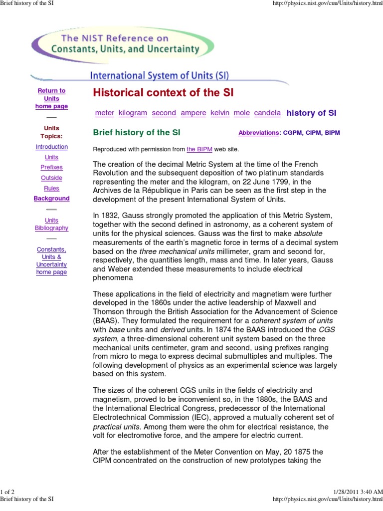 Brief History of The SI | PDF | International System Of Units | Kilogram