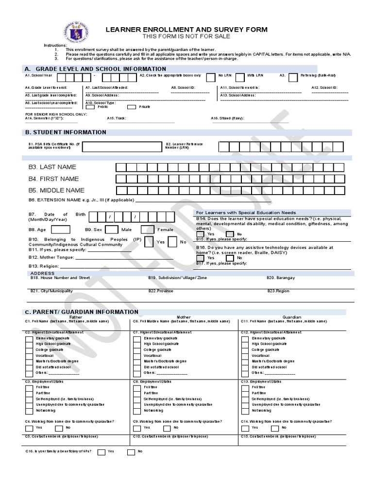 Learner Enrollment and Survey Form: A. Grade Level and School ...