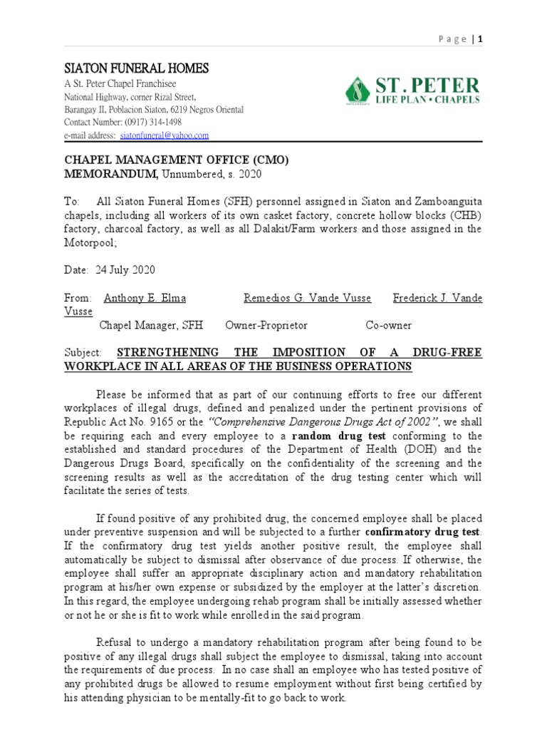 Office Memo - Drug Free Workplace | PDF | Drug Test | Social Institutions