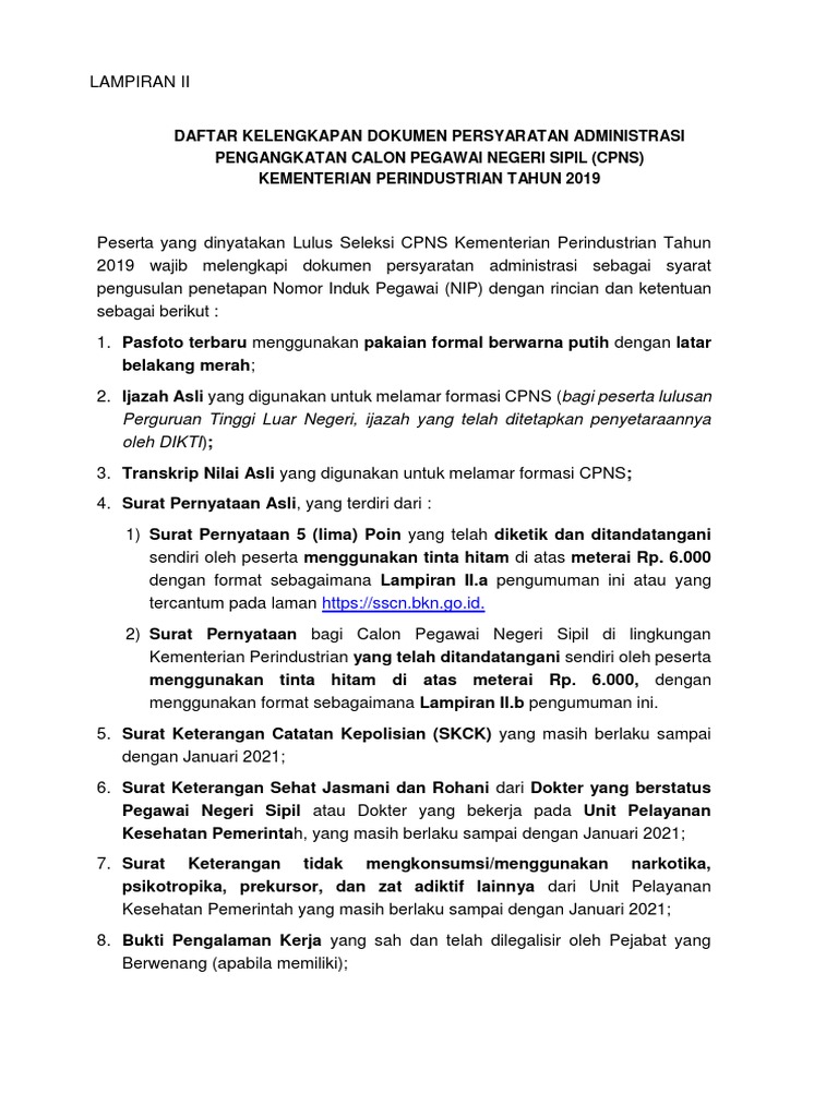Lampiran II Kelengkapan Dokumen Administrasi PDF | PDF