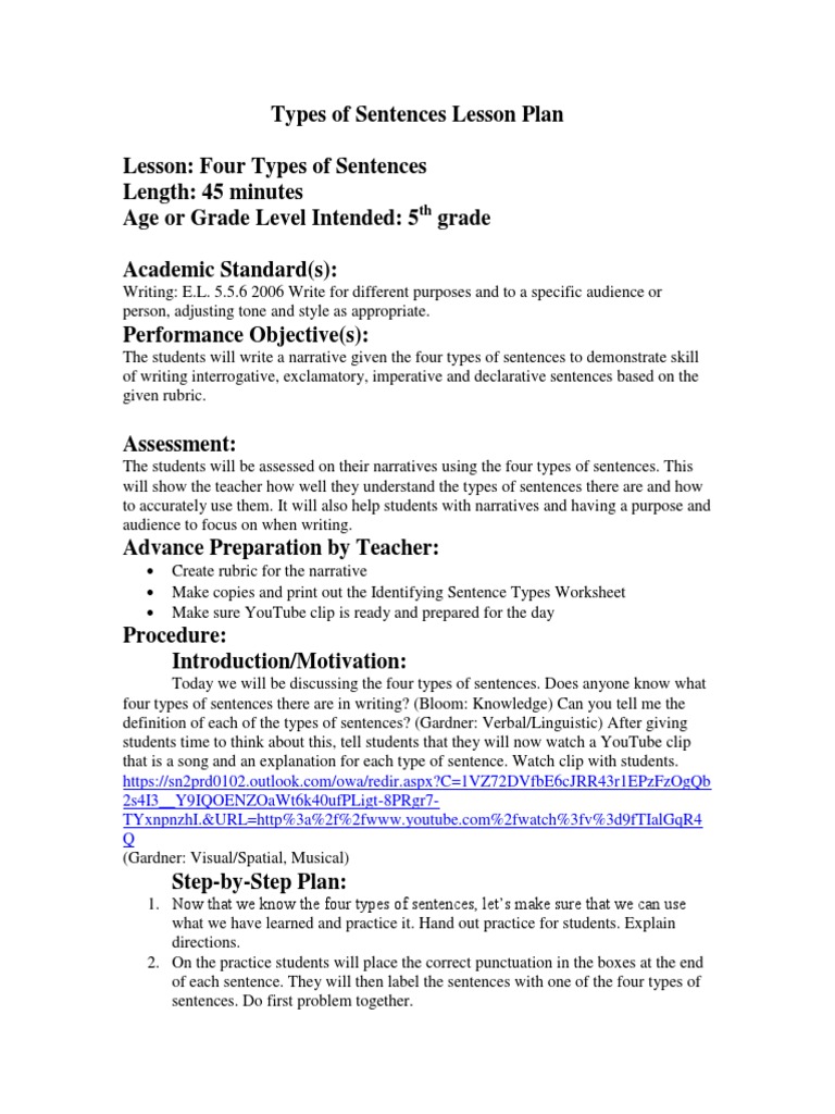 Typesof Sentences Lesson Plan | PDF | Sentence (Linguistics) | Verb