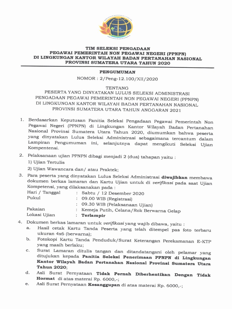Pengumuman Hasil Seleksi Administrasi PPNPN Di Lingkungan Kantor Wilayah BPN Provinsi Sumatera ...