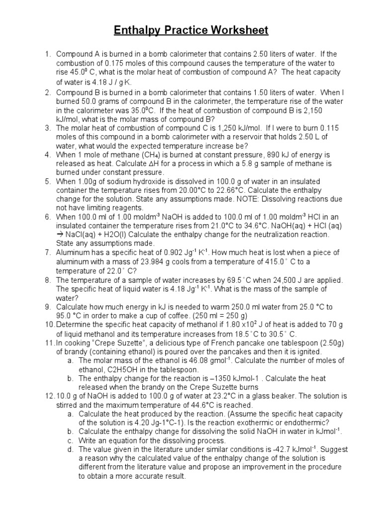 Enthalpy Practice Worksheet Calorimetry Problems Pdf Sodium Hydroxide Mole Unit