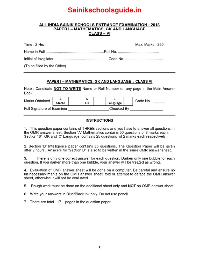 AISSEE 2018 Class VI Question Paper PDF | PDF | Rectangle | Triangle