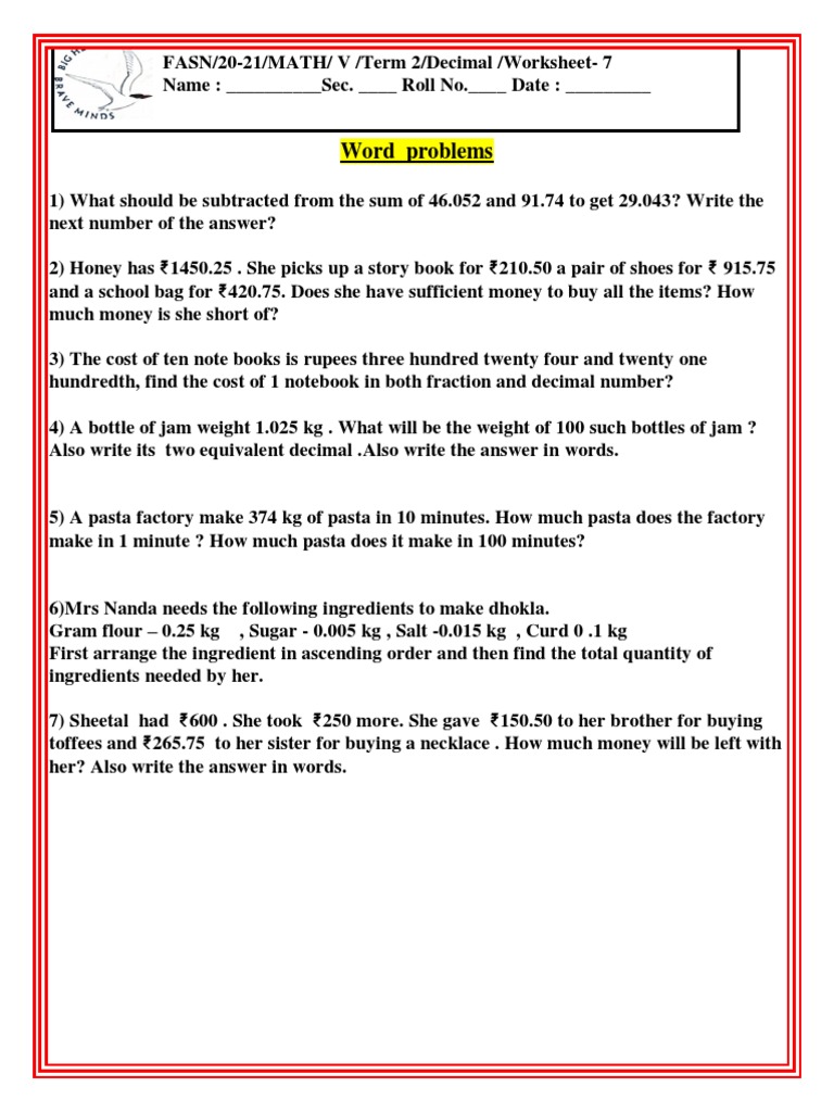 Decimal Word Problems Worksheet: Calculating Sums, Differences ...