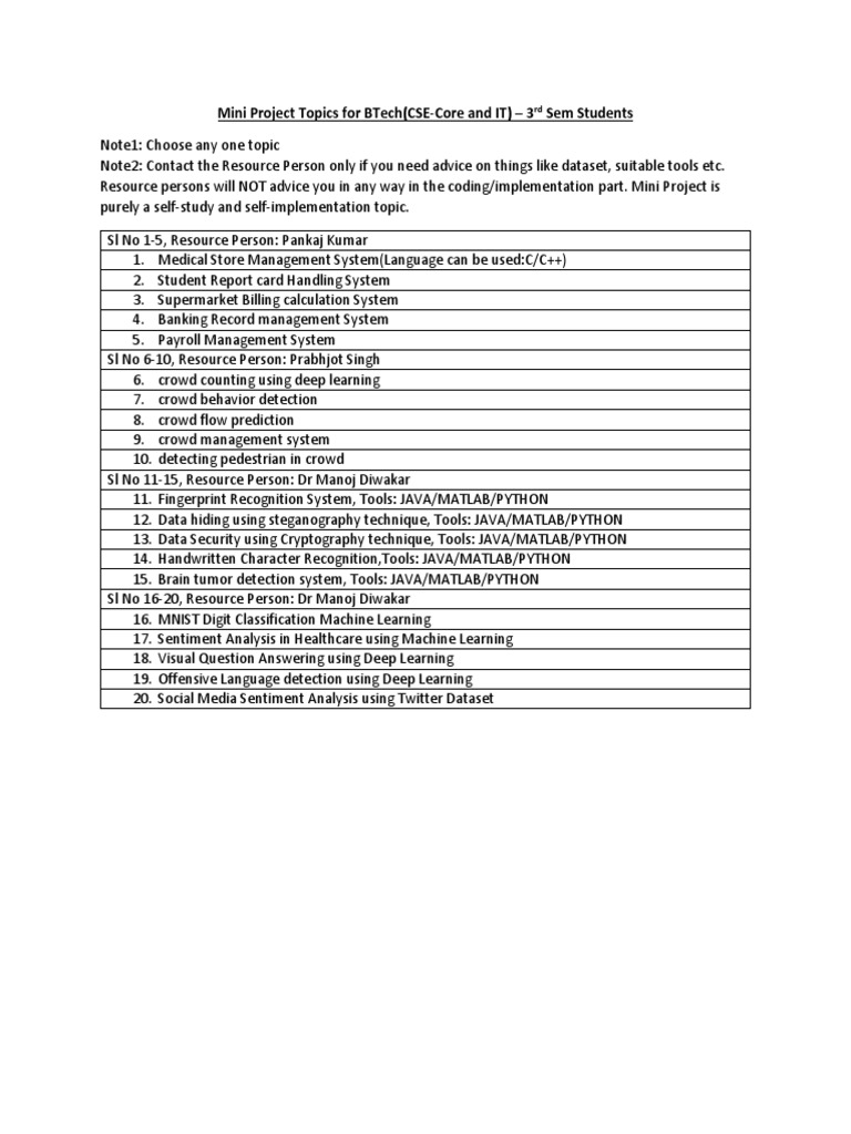Mini Project Topics For Btech (Cse-Core and It) - 3 Sem Students | PDF