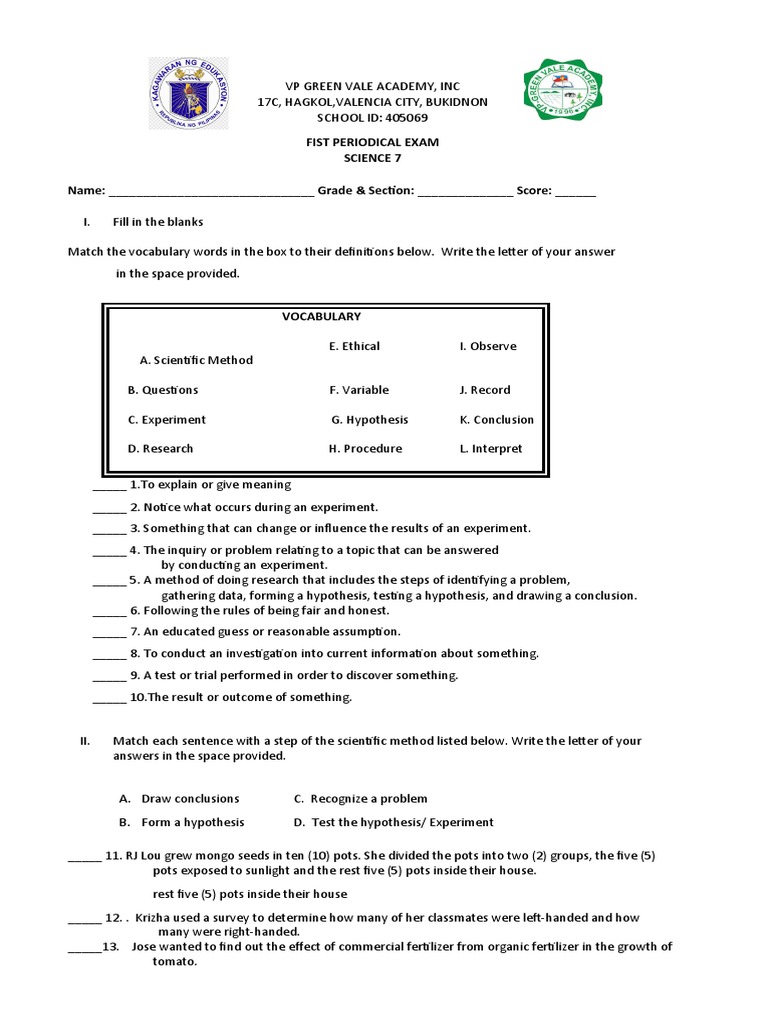Fist Periodical Exam Science 7 Name: - Grade & Section: - Score | PDF ...
