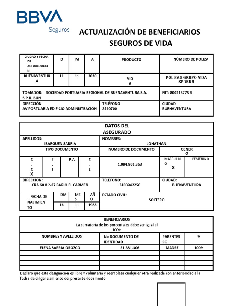 Formato Actualizacion Beneficiarios Bbva Seguros 2020 | PDF | Riesgo financiero | Seguro