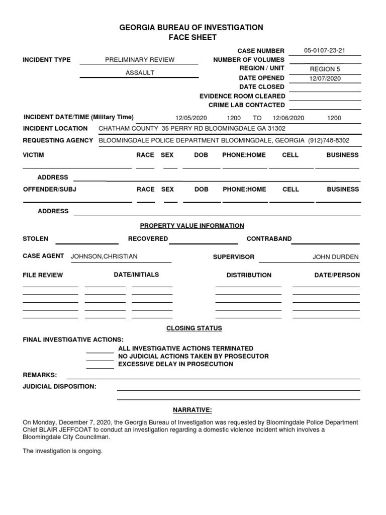 Georgia Bureau of Investigation Face Sheet | PDF