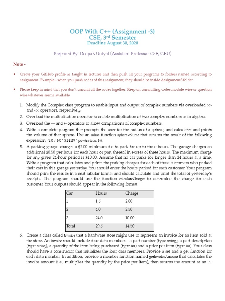OOP With C++ (Assignment - 3) CSE, 3 Semester: Prepared By: Deepak Uniyal (Assistant Professor ...
