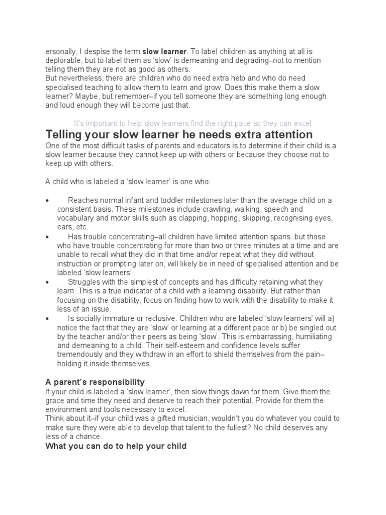 Telling Your Slow Learner He Needs Extra Attention | PDF | Learning ...