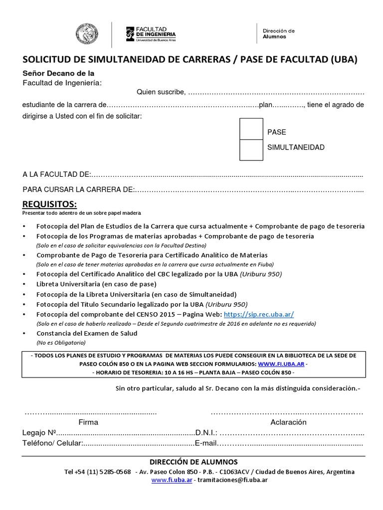 Solicitud de Pase o Simultaneidad Con Otra Facultad de La UBA | PDF | Business