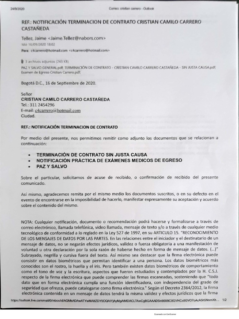 Notificación de Terminación de Contrato Laboral PDF | PDF