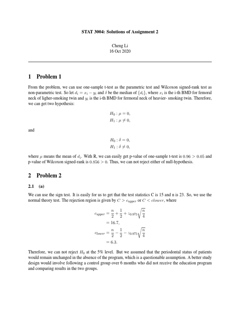 CUHK STAT3004 Assignment2 Solution | PDF | P Value | Statistical Inference