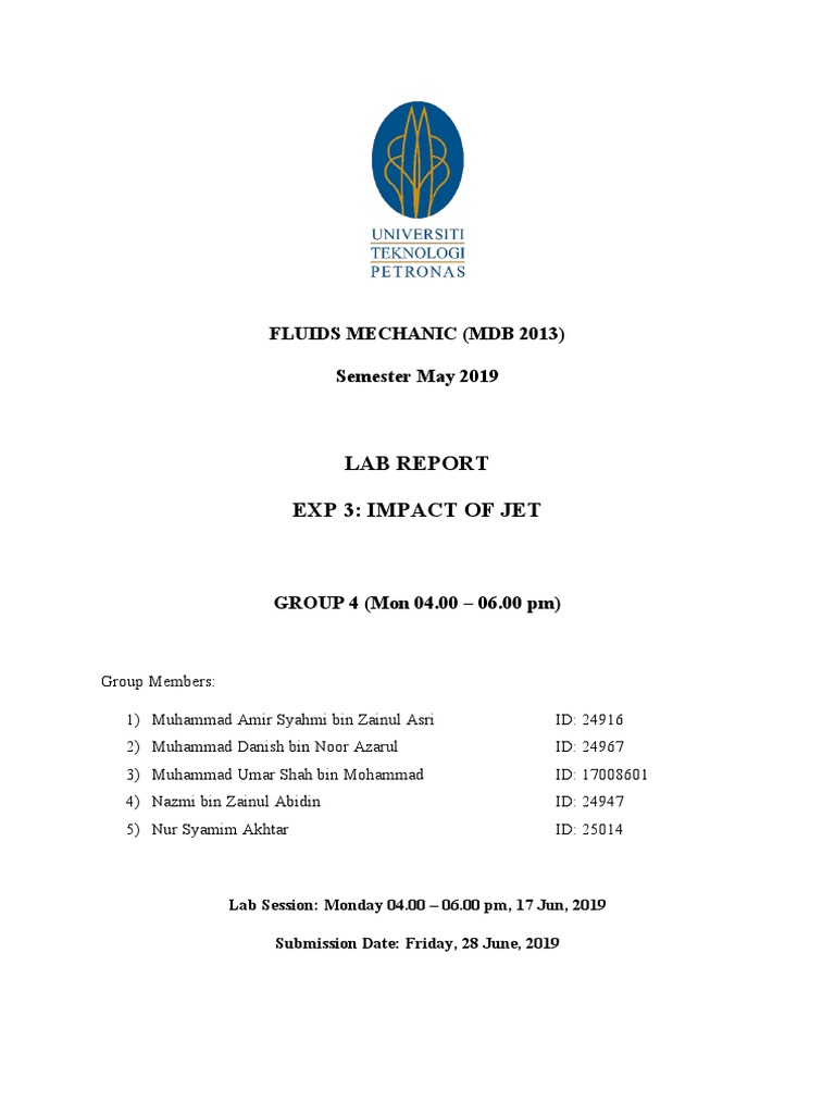 Lab Report Exp 3: Impact of Jet: Fluids Mechanic (MDB 2013) Semester ...