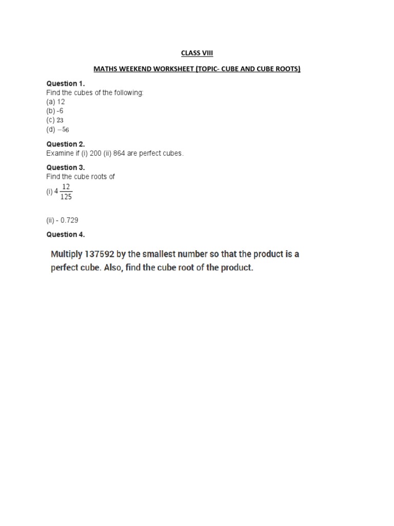 Cube and Cube Roots Worksheet for Class VIII | PDF