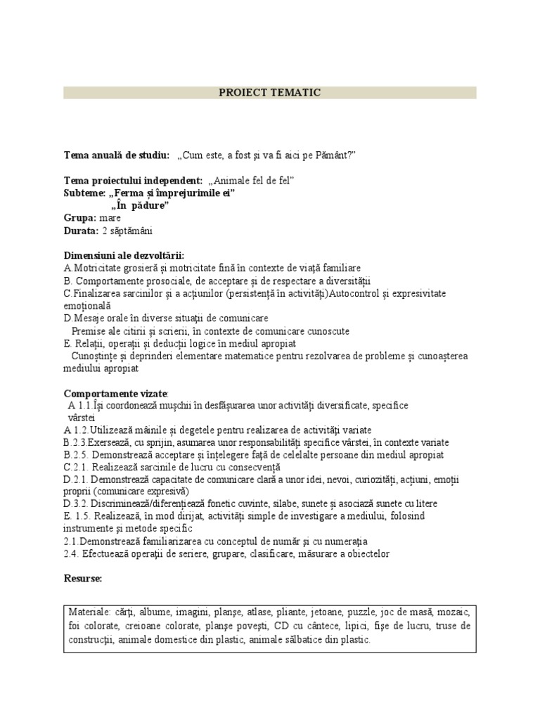 Proiect Tematic Animale Salbatice Si Domestice | PDF