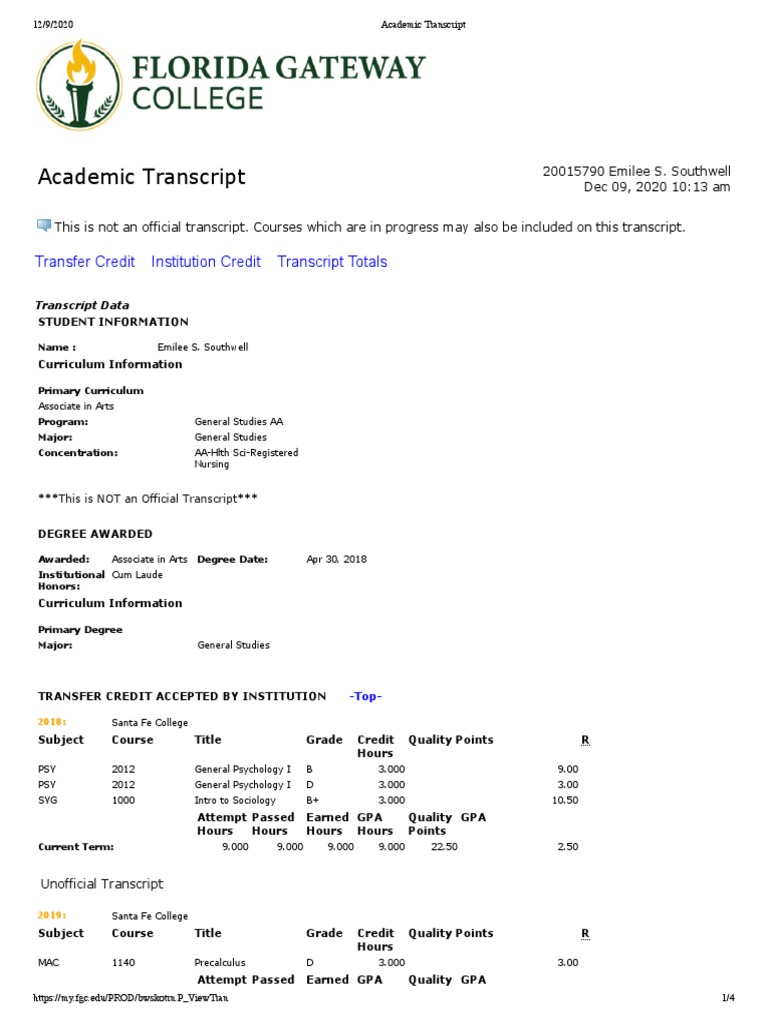 FGC Academic Transcript | PDF | Academia | Learning