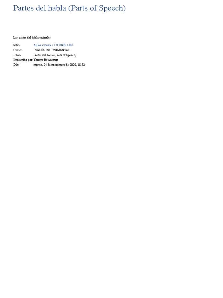 Partes Del Habla (Parts of Speech) Libro | PDF | Verbo | Sustantivo