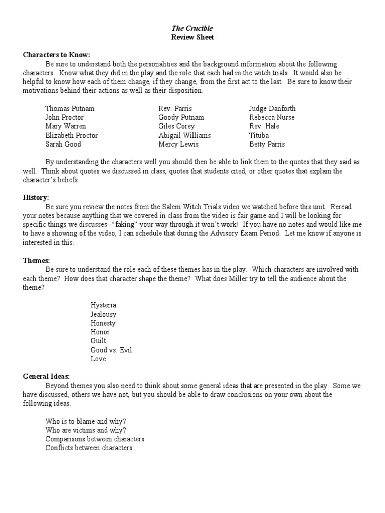 Review Sheet Characters To Know:: The Crucible | PDF | Salem ...