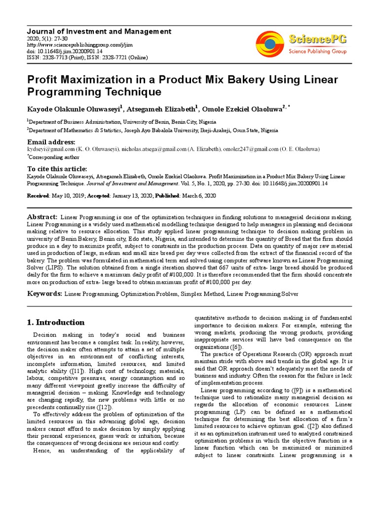 Profit Maximization in A Product Mix Bakery Using Linear Programming Technique | PDF ...
