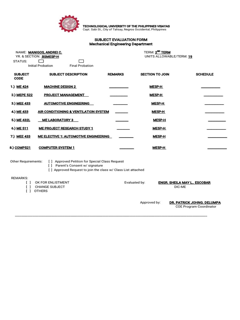 Mechanical Engineering Subject Evaluation Form | PDF