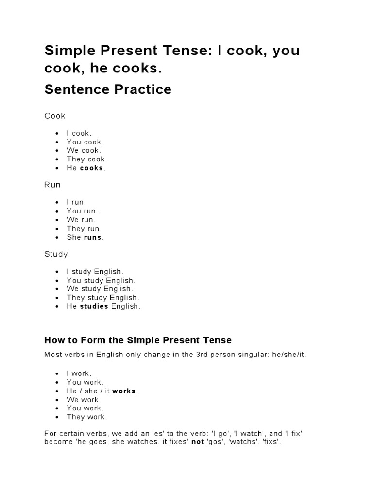 Simple Present Tense: I Cook, You Cook, He Cooks.: Sentence Practice ...