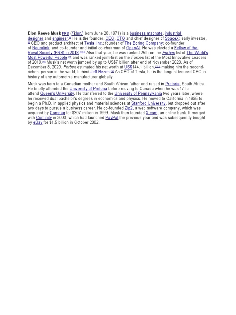 Elon Reeve Musk: Forbes | PDF
