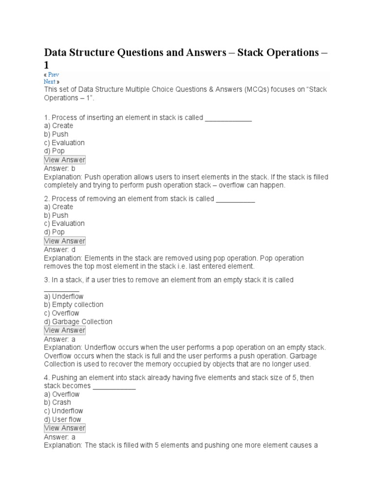Data Structure Questions And Answers Stack Operations 1 Prev Next Pdf Queue Abstract 1820