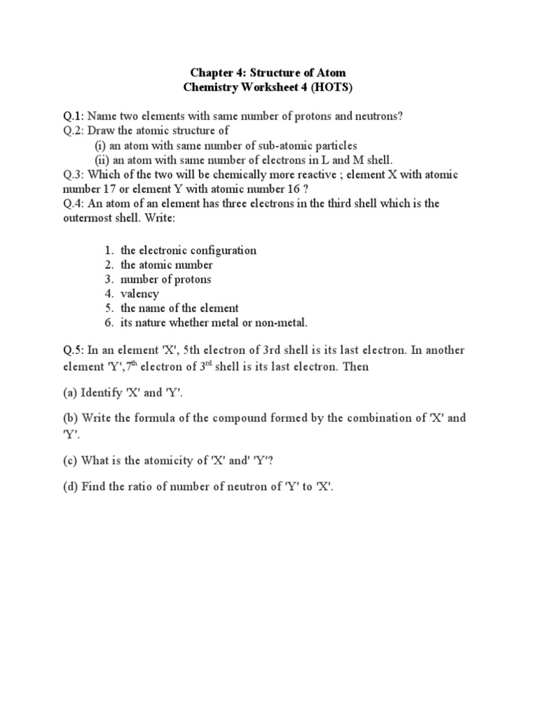 Chapter 4: Structure of Atom Chemistry Worksheet 4 (HOTS) : TH RD | PDF ...