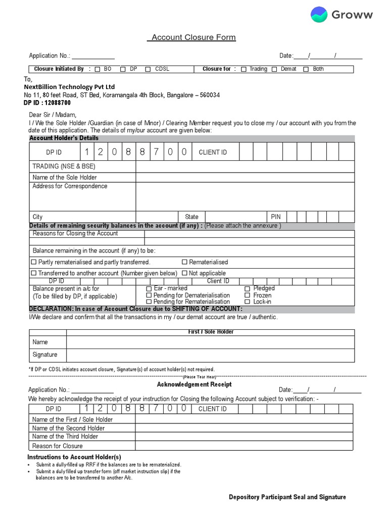 Demat Account Closure Request Form | PDF | Financial Services ...