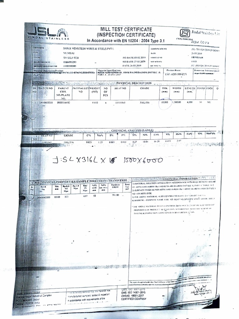 SLA Mill Test Certificate for 316/316 Stainless Steel Plates | PDF ...