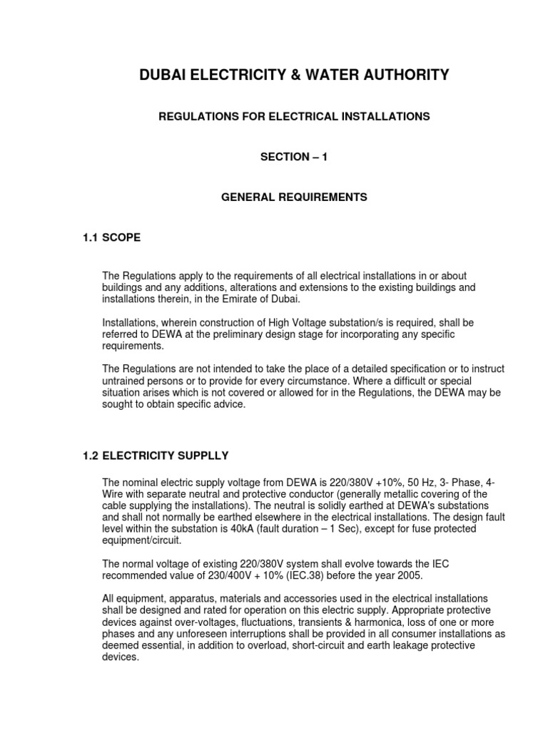 Dewa Regulations For Electrical Installations | PDF | Electrical Wiring ...