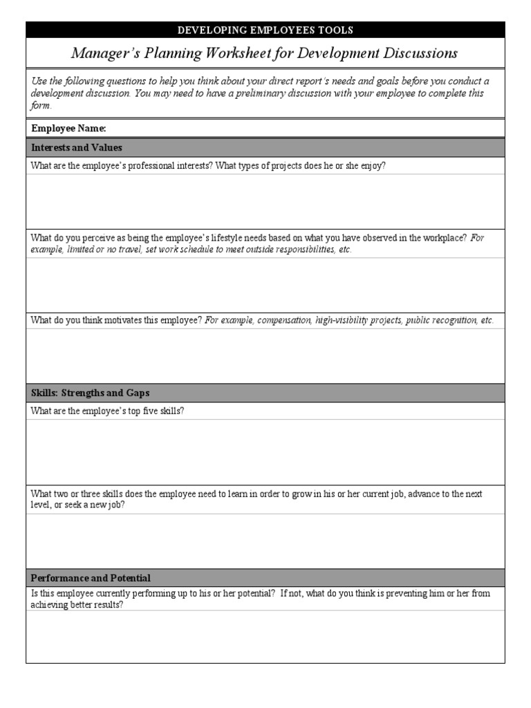Manager's Planning Worksheet For Development Discussions: Employee Name ...