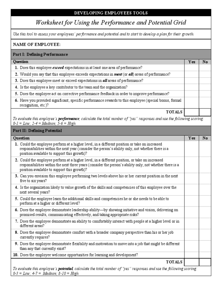 Worksheet For Using The Performance and Potential Grid: Name of ...