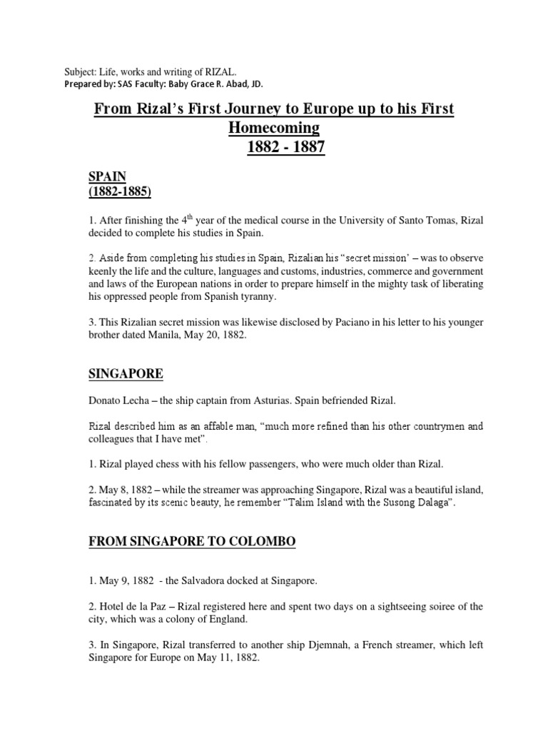 From Rizal's First Journey To Europe Up To His First Homecoming 1882 ...