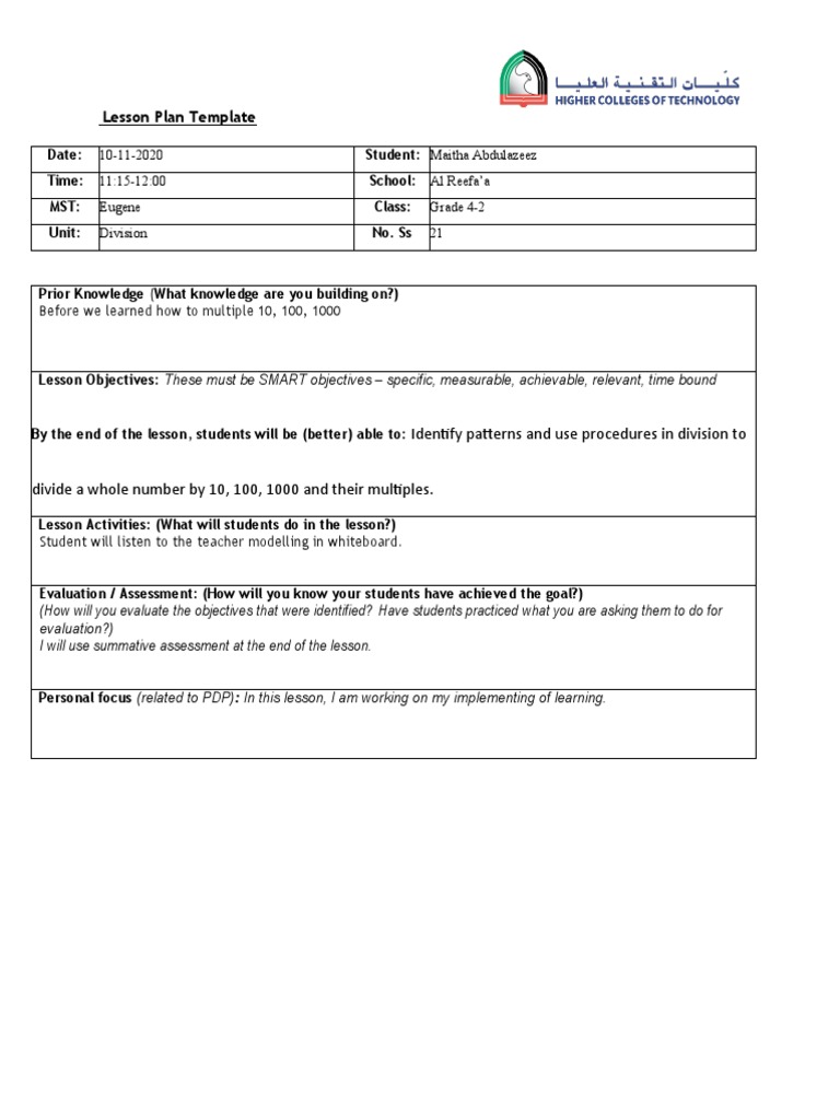 Lesson Plan Template: Identify Patterns and Use Procedures in Division ...