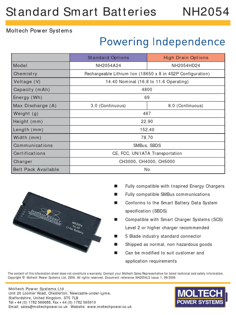 NH2054HD24 - Moltech Power Systems | PDF | Battery Charger | Galvanic Cells