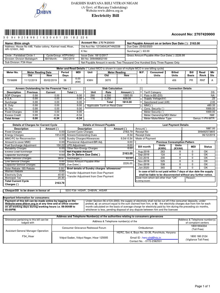 Electricity Bill: Account No: 2707420000 | PDF | Electricity | Electric ...