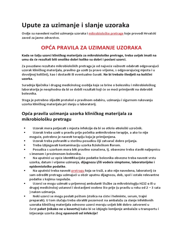 Upute Za Uzimanje I Slanje Uzoraka HZJZ | PDF