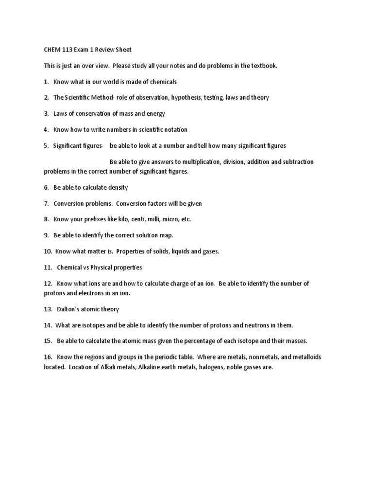 Chem 113 Exam 1 Review Guide | PDF
