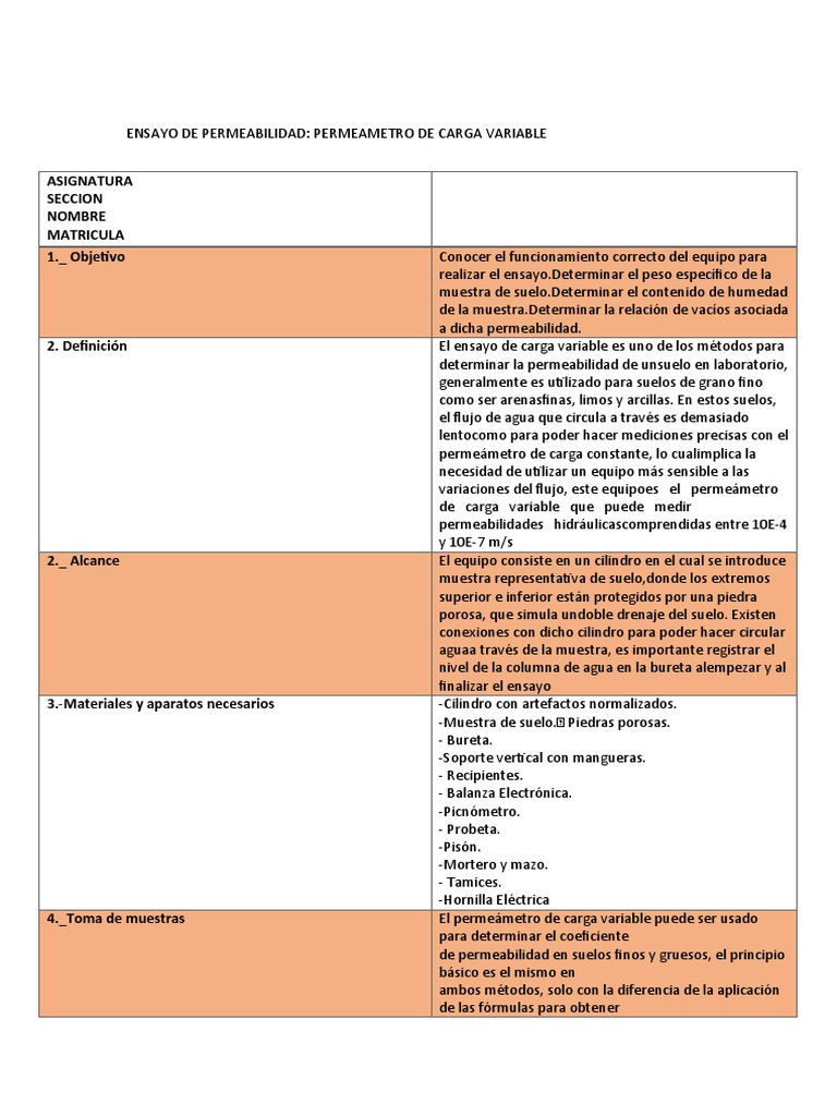Ficha 5.2 Permeámetro de Carga Variable | PDF | Permeabilidad (Ciencias ...