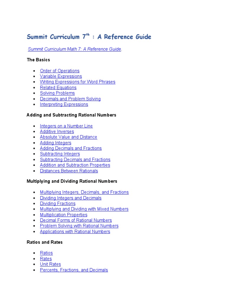 Summit Curriculum Math 7: A Reference Guide | PDF | Area | Ratio