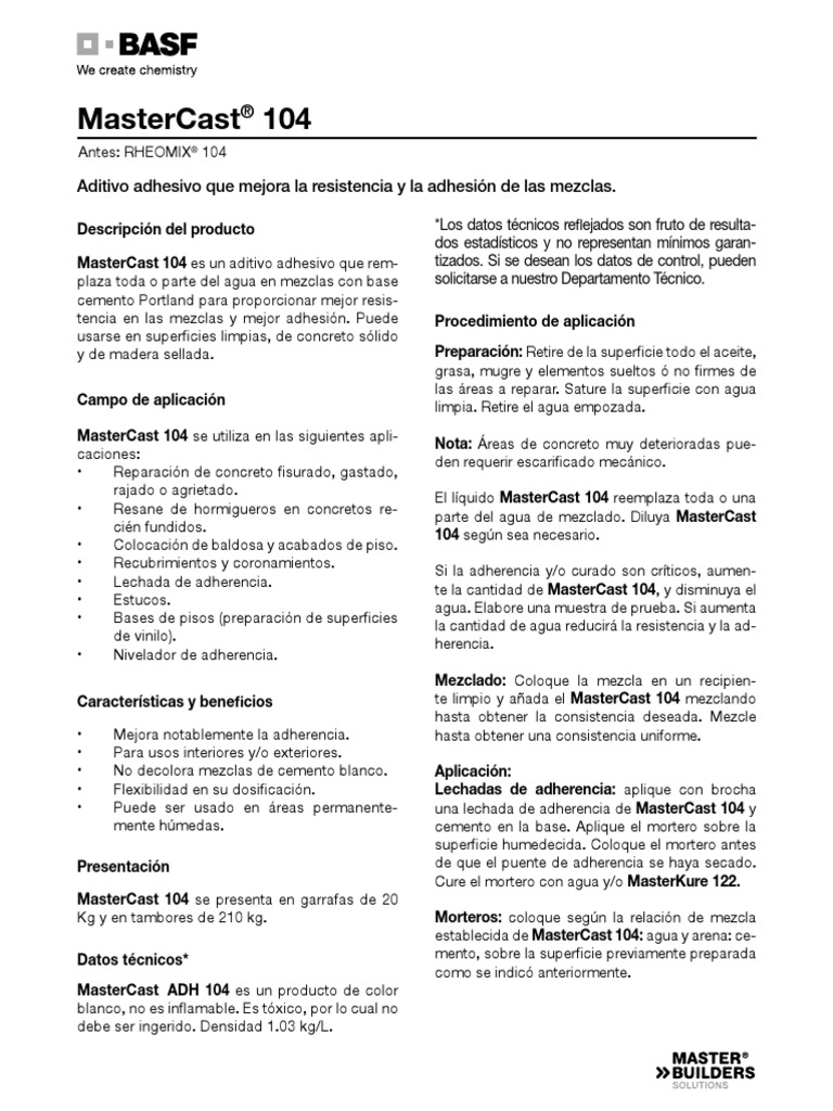 Basf Mastercast 104 Tds | PDF | Hormigón | Agua