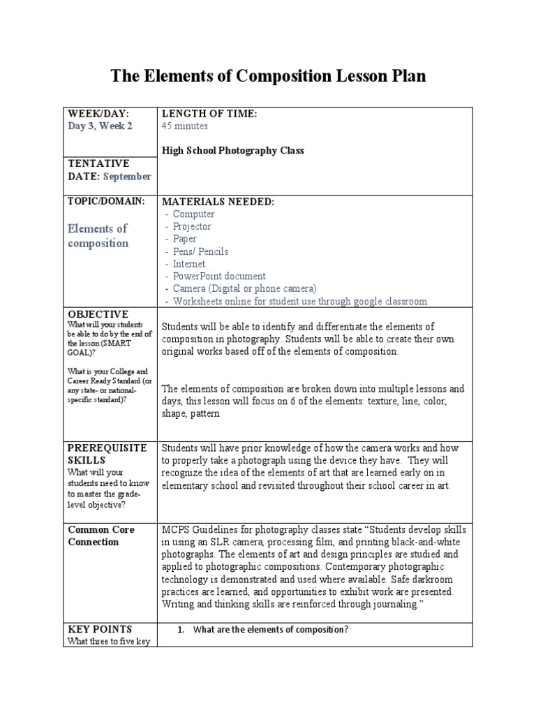 The Elements of Composition Lesson Plan | PDF | Composition (Visual ...
