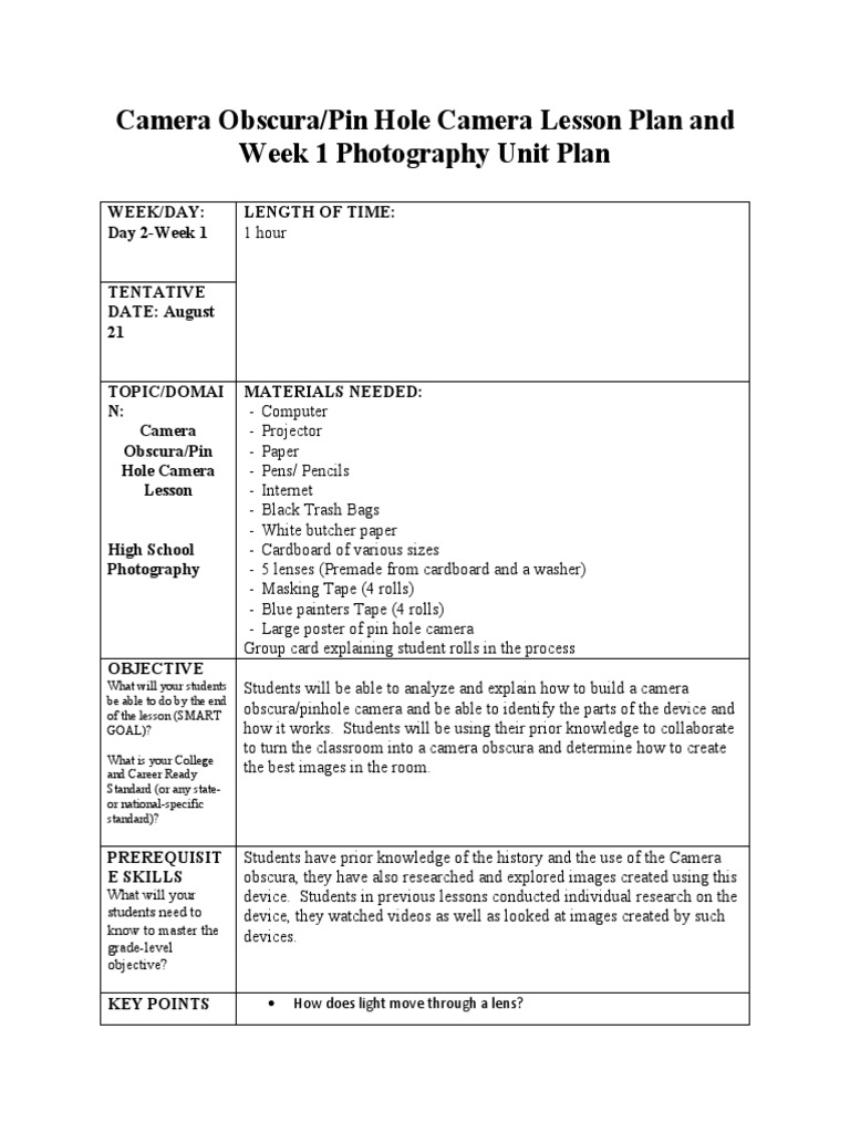 Camera Obscura Lesson Plan for High School | PDF | Camera | Optics