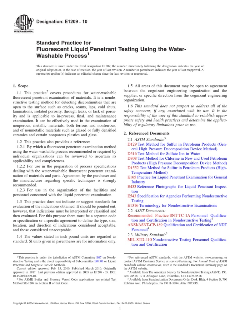 E1209-10 Standard Practice For Fluorescent Liquid Penetrant Testing ...