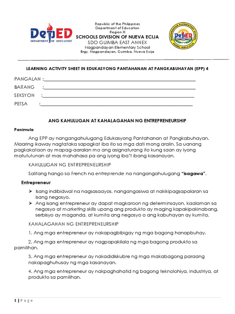 EPP 4 (LAS) - Entrepreneurship 1 | PDF